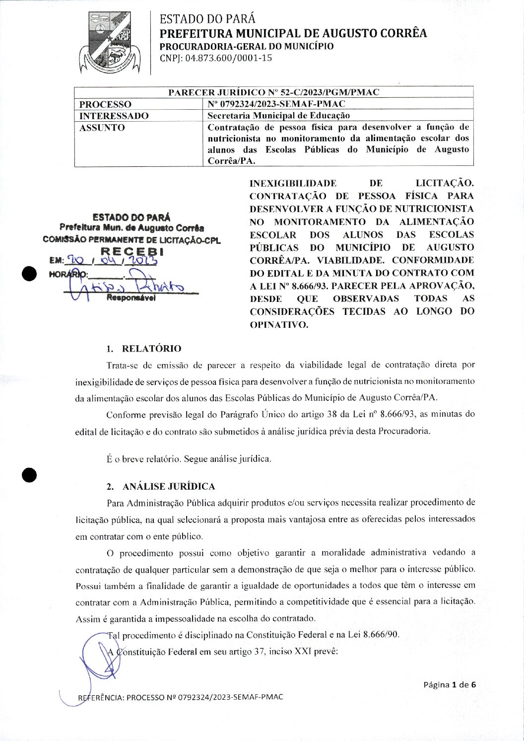Parecer Juridico 52-C-2023 - Prefeitura Municipal de Augusto Corrêa | Gestão 2025-2028